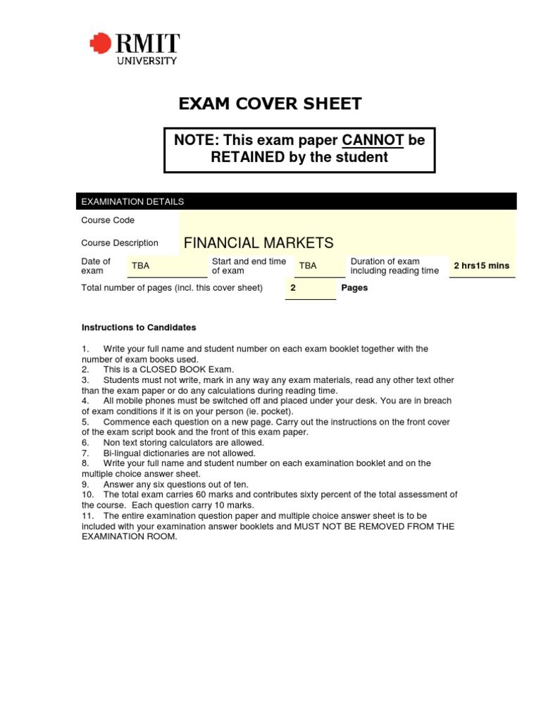 Exam Cover Sheet: RETAINED by The Student | PDF | Government Debt ...