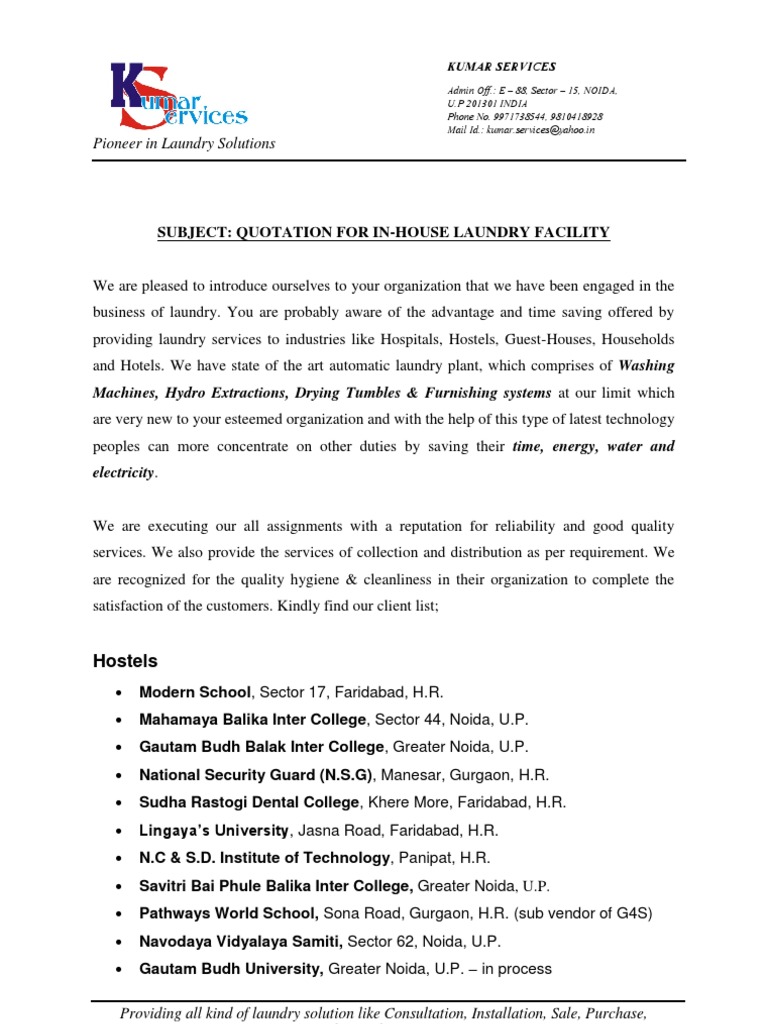 Kumar Services Laundry Quotation | PDF | Laundry | Softlines (Retail)