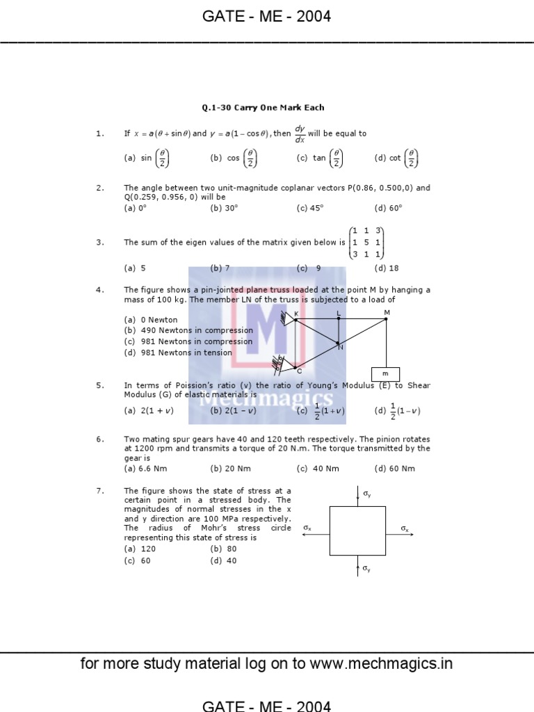 GATE Paper Mechanical Engineering 2004 | PDF | Rotation Around A Fixed ...