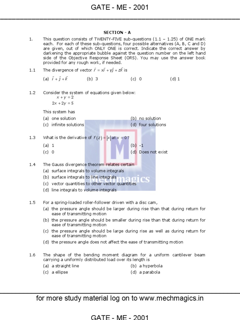 GATE Paper Mechanical Engineering 2001 | PDF | Belt (Mechanical) | Integral