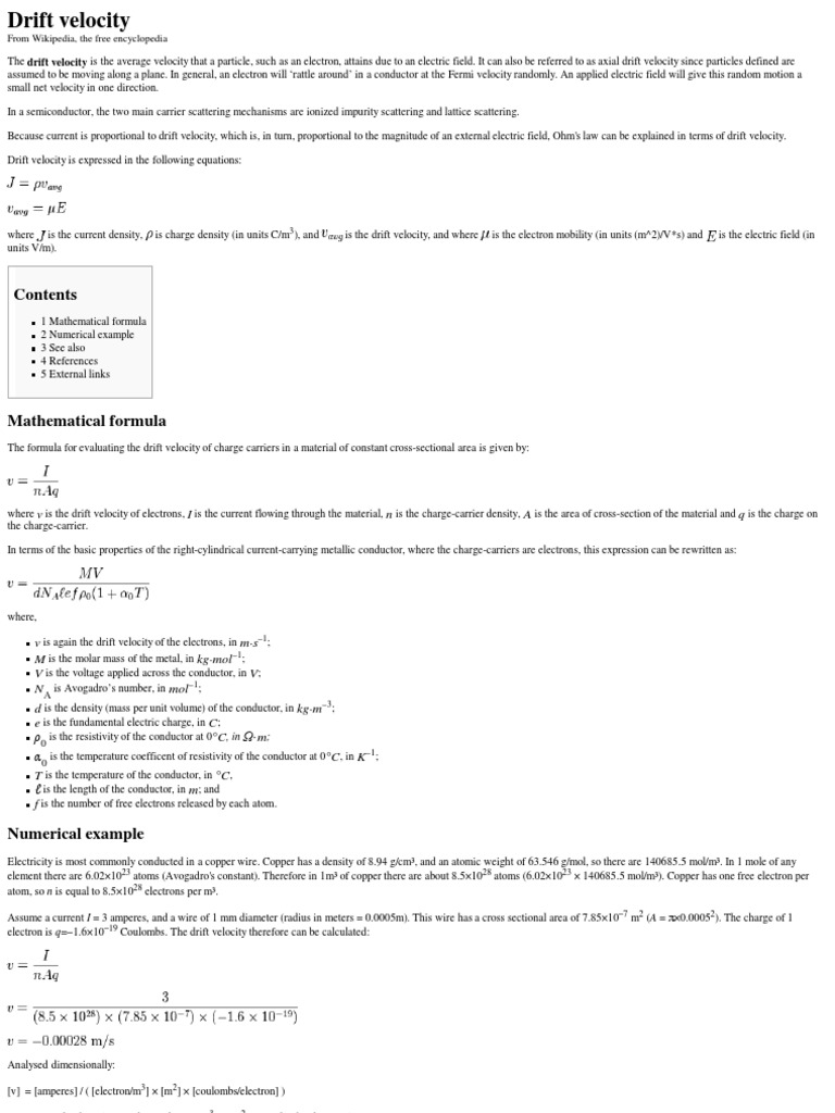 Drift Velocity - Wikipedia, The Free Encyclopedia | PDF