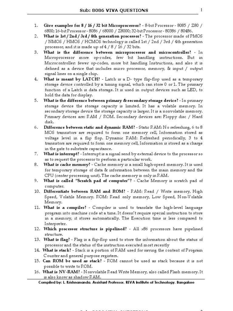 Microprocessors Lab Viva Voce Questions 10CSL48 | PDF | Computer Data Storage | Random Access Memory