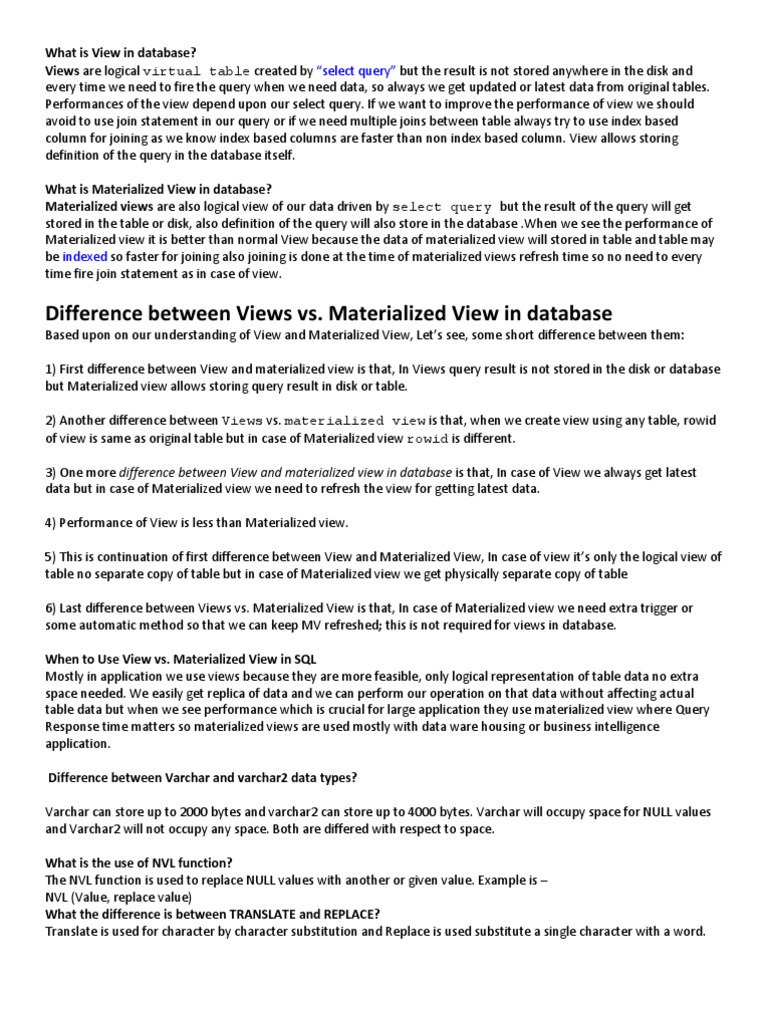 Difference Between Views vs. Materialized View in Database: "Select Query" | PDF | Database ...
