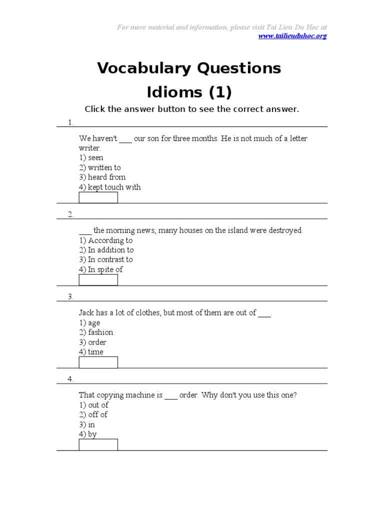Vocabulary and Idioms Practice Quiz | PDF | Leisure