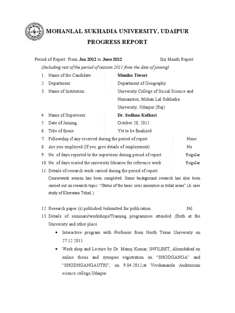 Progress Report Six Month | PDF | Thesis | Academia