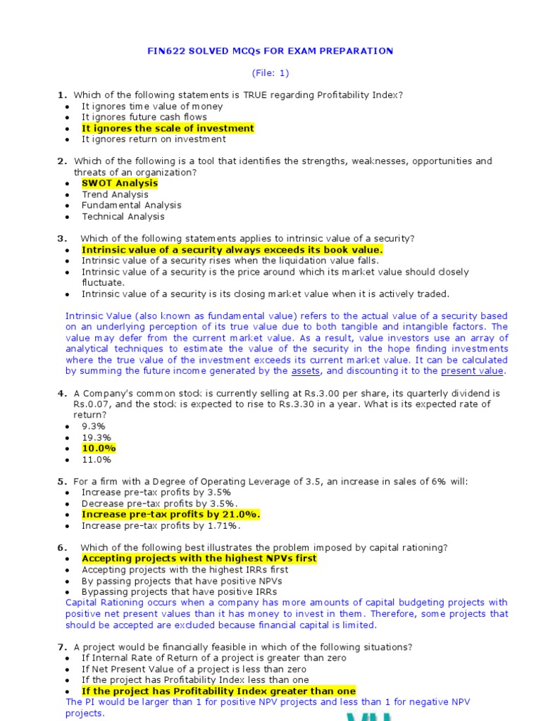 FIN622 Exam Prep: Key MCQs and Concepts | PDF | Dividend | Net Present ...