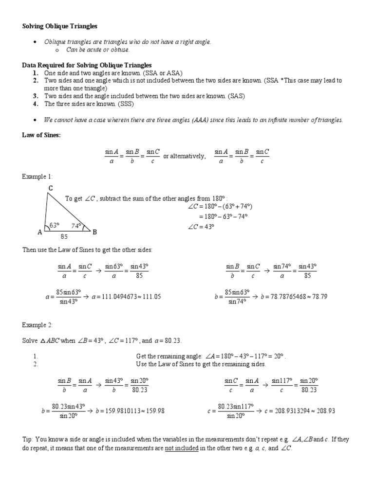 Solving Oblique Triangles | PDF | Trigonometric Functions | Sine Solving Oblique Triangles | PDF | Trigonometric Functions | Sine