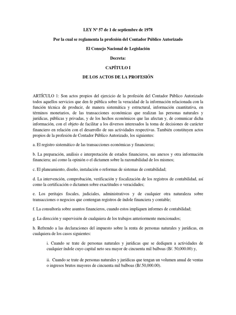 LEY #57 de 1 de Septiembre de 1978 | PDF | Contador | Contabilidad