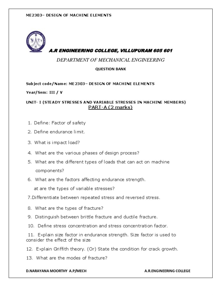 Me2303 - Design of Machine Elements | PDF | Strength Of Materials ...