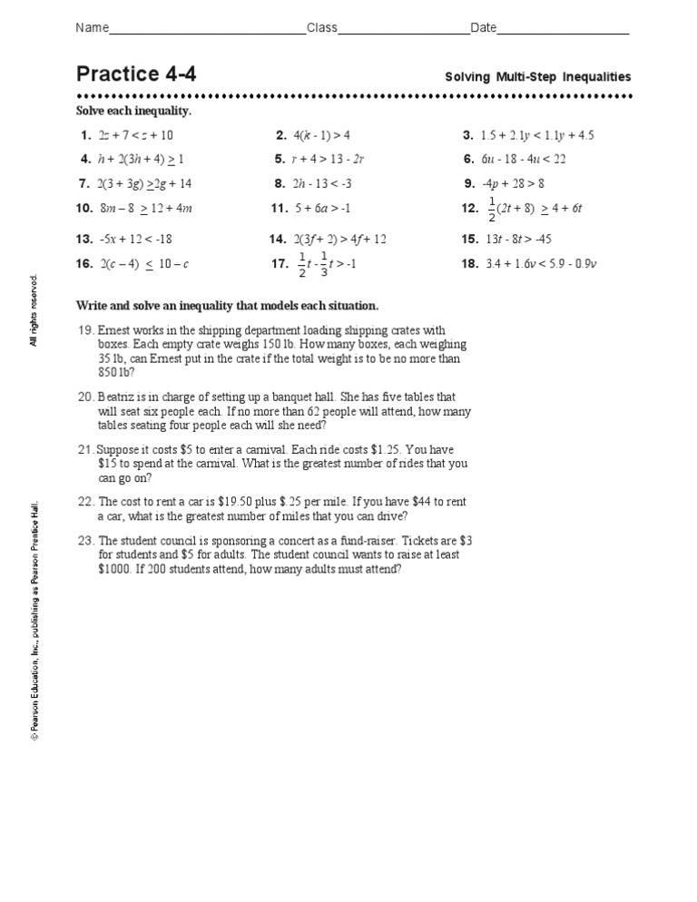 Multi-Step Inequalities Practice Worksheet | PDF
