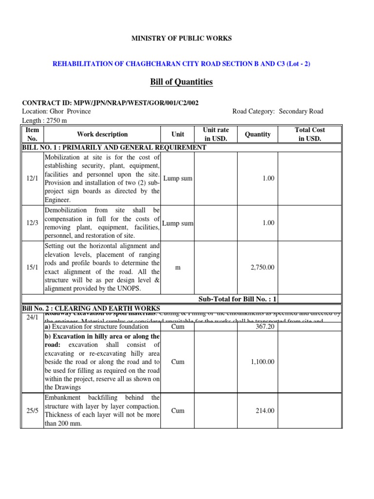 BOQ Excel | PDF | Road | Road Surface