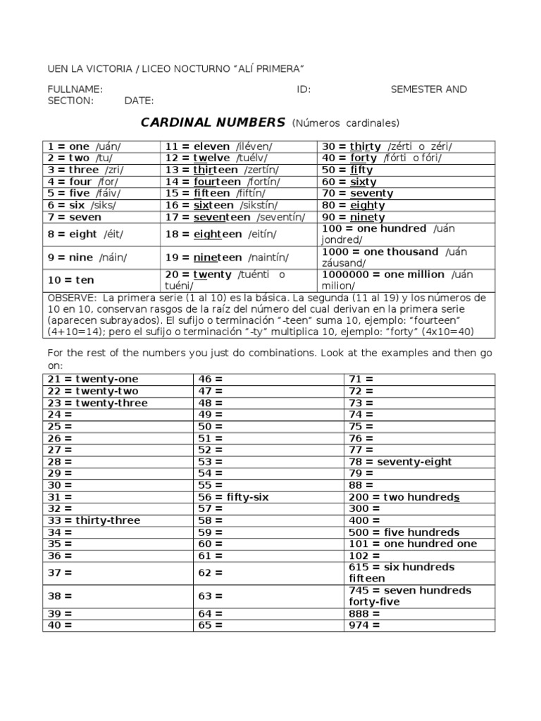 Cardinal Numbers in English: A Guide | PDF | Teaching Methods & Materials