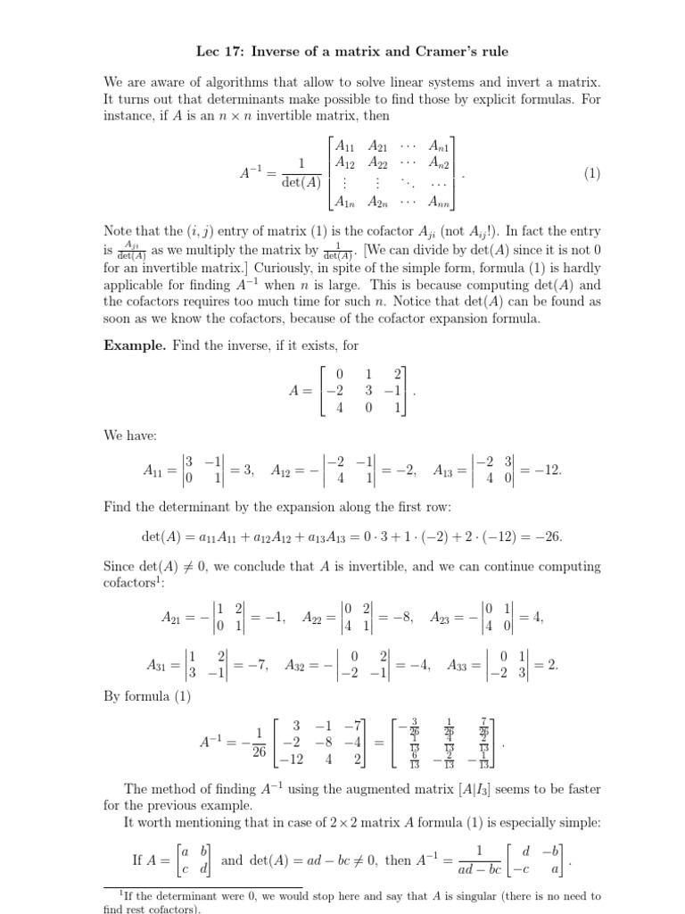 Lec 17 | PDF | Determinant | System Of Linear Equations