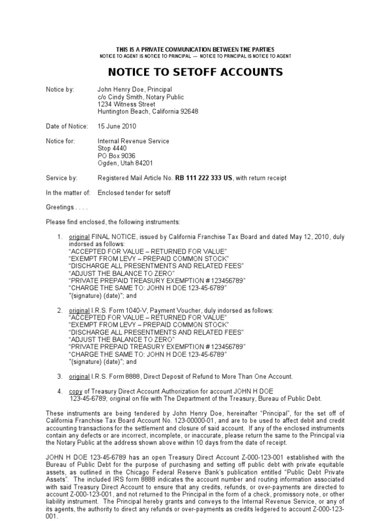 Notice To Setoff Accounts | PDF | Debits And Credits | Internal Revenue ...