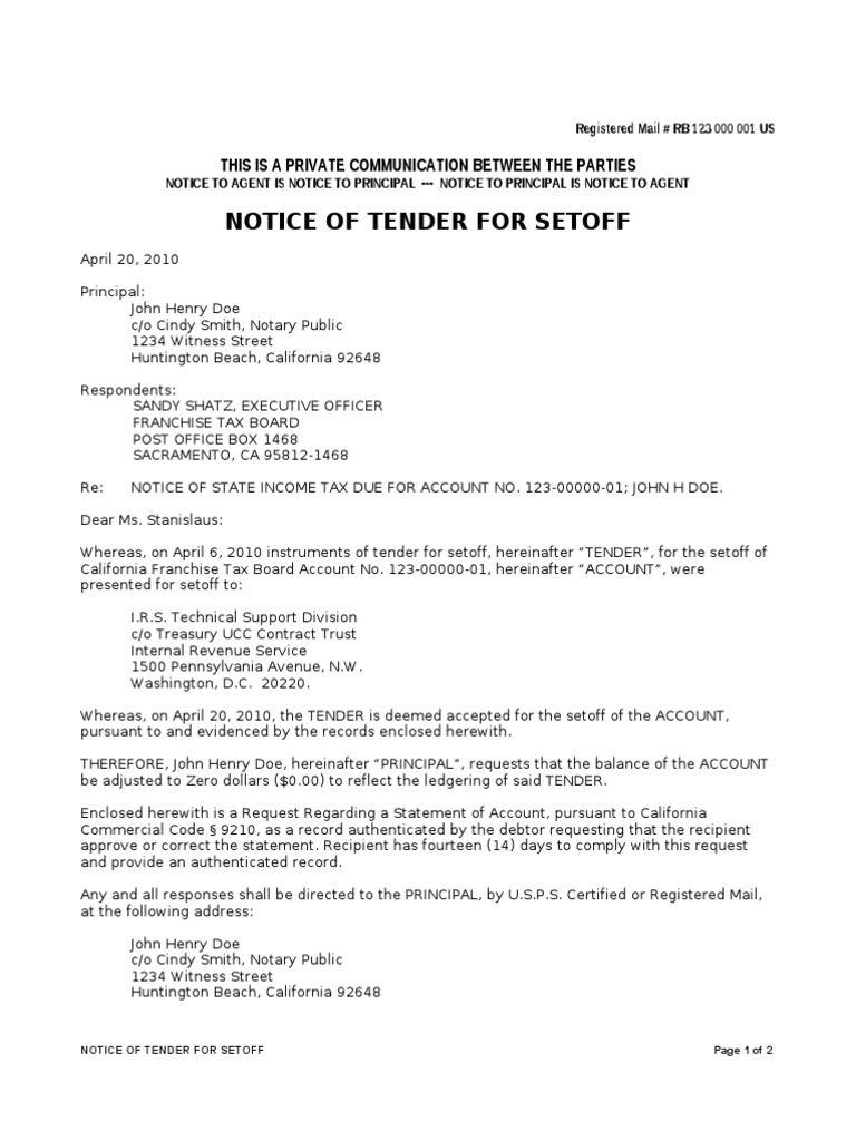 Notice of Tender For Setoff | PDF | Notary Public | United States ...