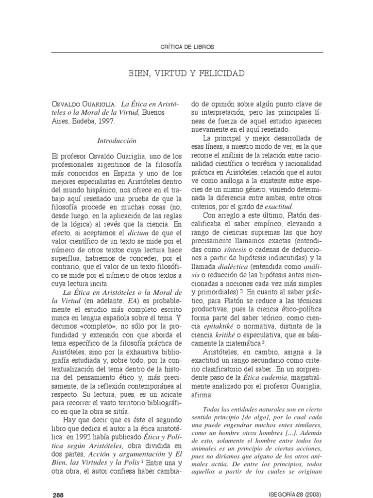 Bien, Virtud y Felicidad Guariglia | PDF | Aristóteles | Felicidad