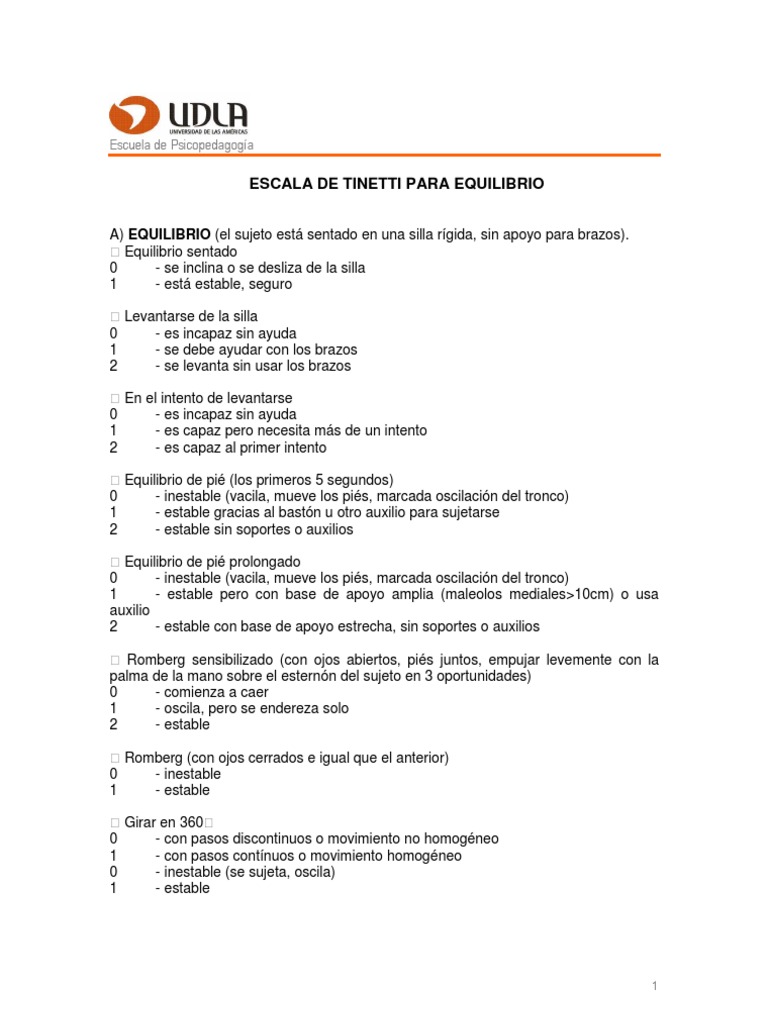 Escala de Tinetti: Evaluación de Equilibrio y Marcha | PDF | Ocio ...