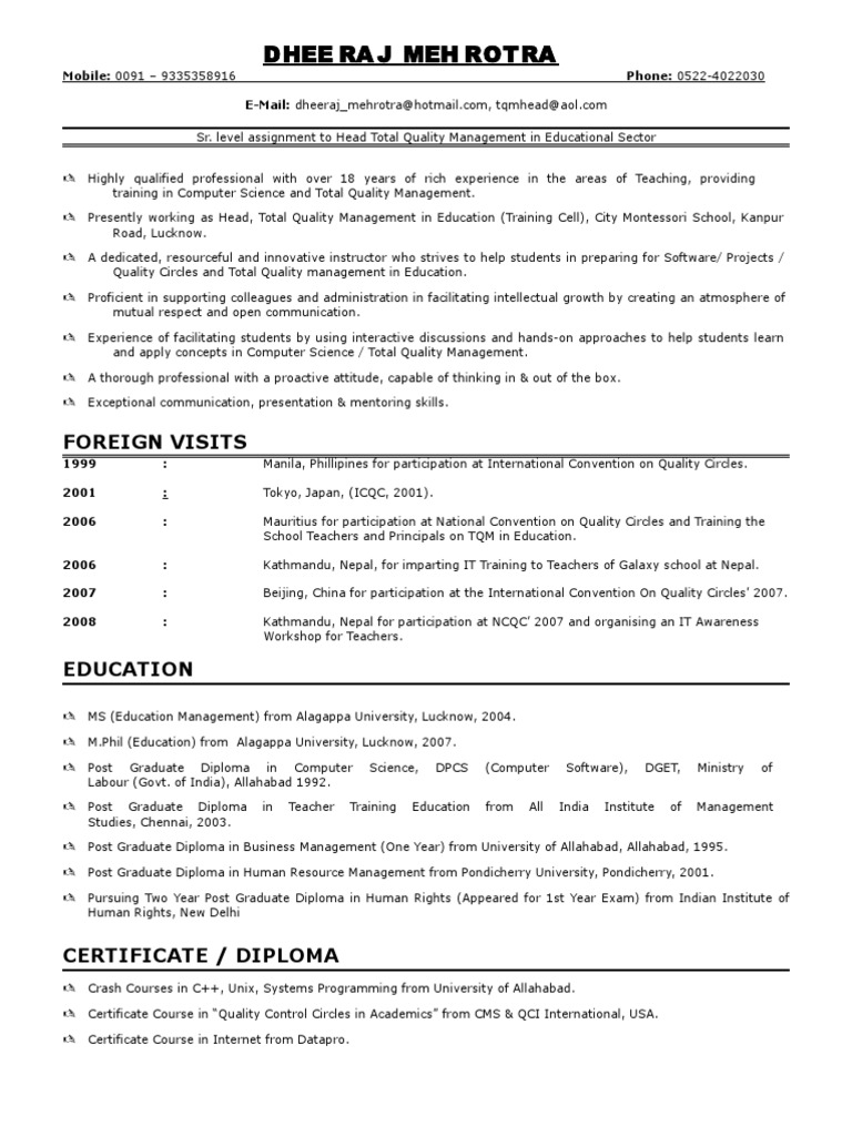 RESUME Dheeraj Mehrotra | PDF | Teachers | Computing And Information ...