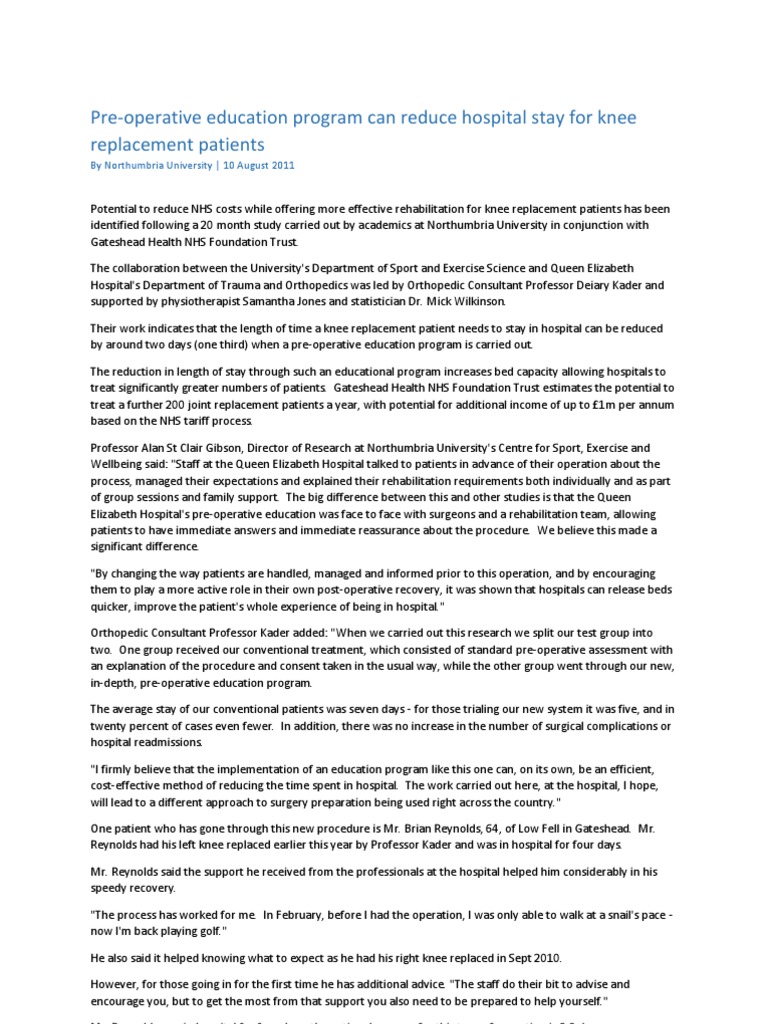 Preoperative Education Programme Can Reduce Hospital Stay For Knee ...