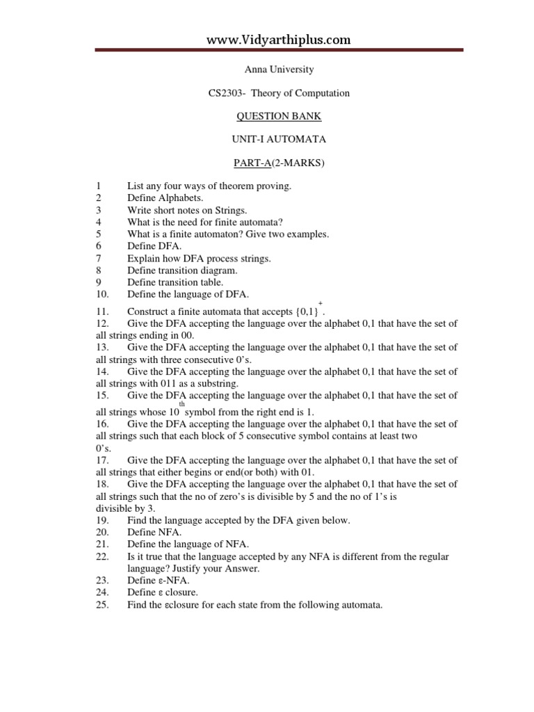 Theory of Computation - Question Bank | PDF | Theoretical Computer Science | Formalism (Deductive)