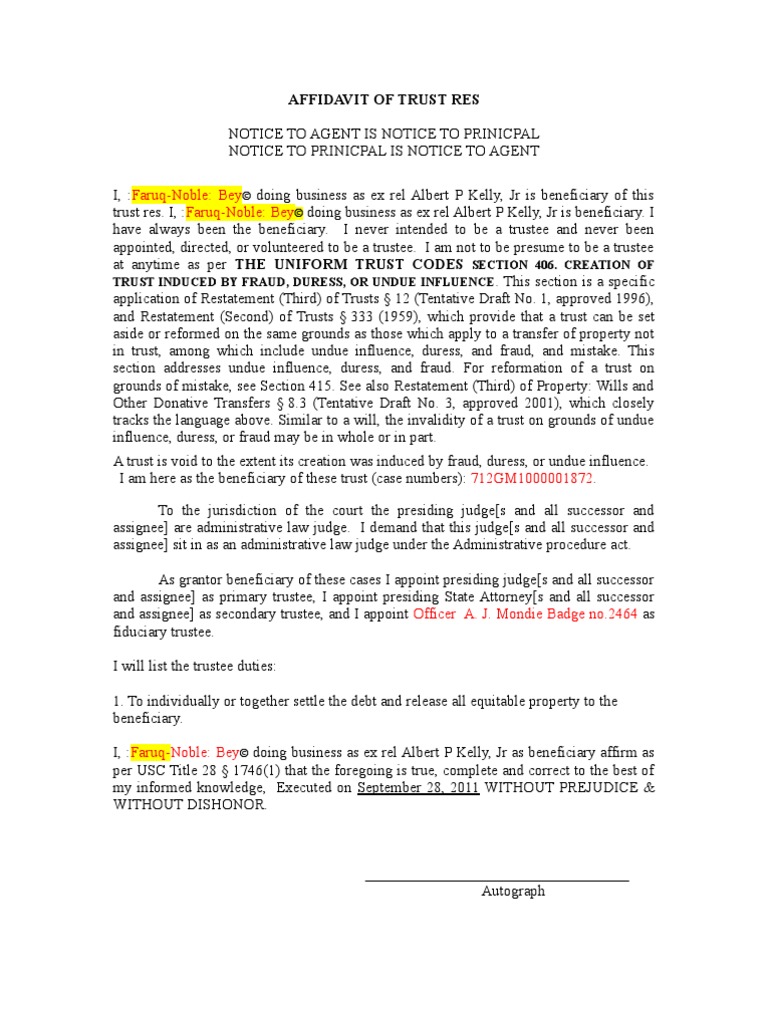 Affidavit of Trust Res Details | PDF | Trust Law | Trustee