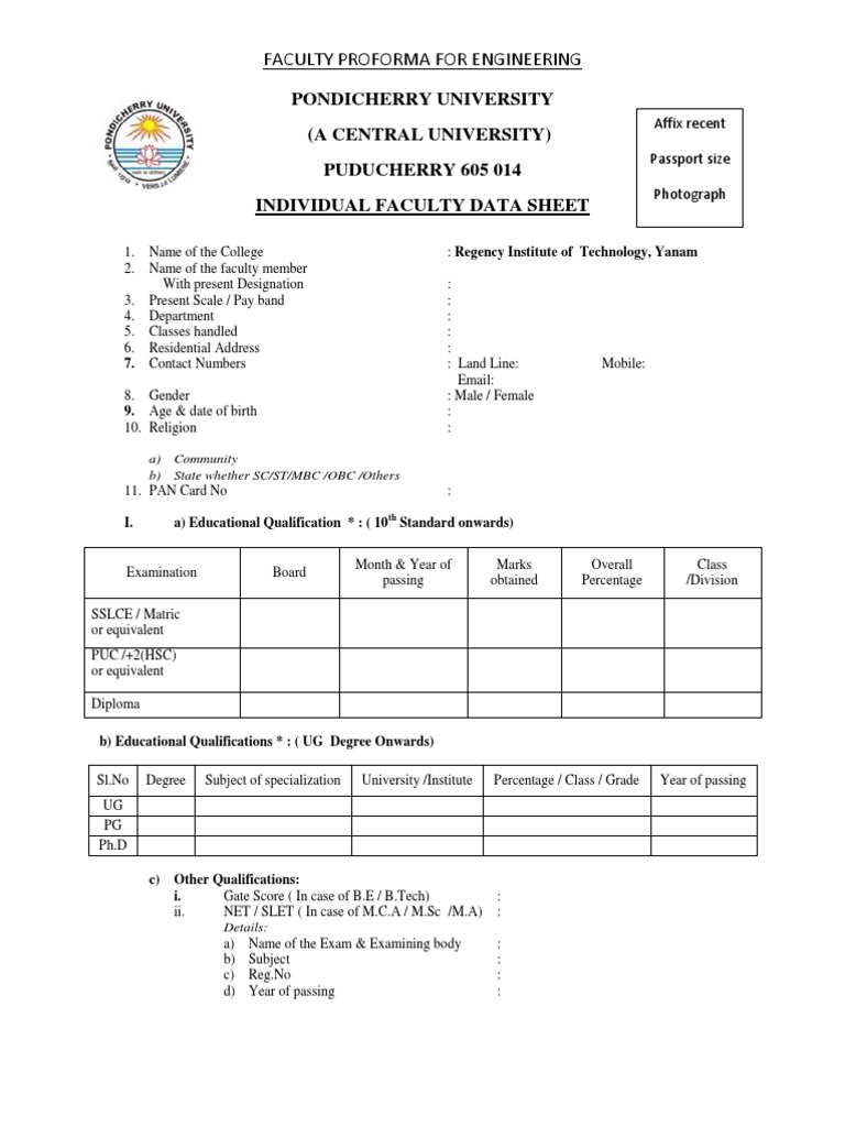 Faculty Proforma For Engineering | PDF | Academic Degree | Qualifications