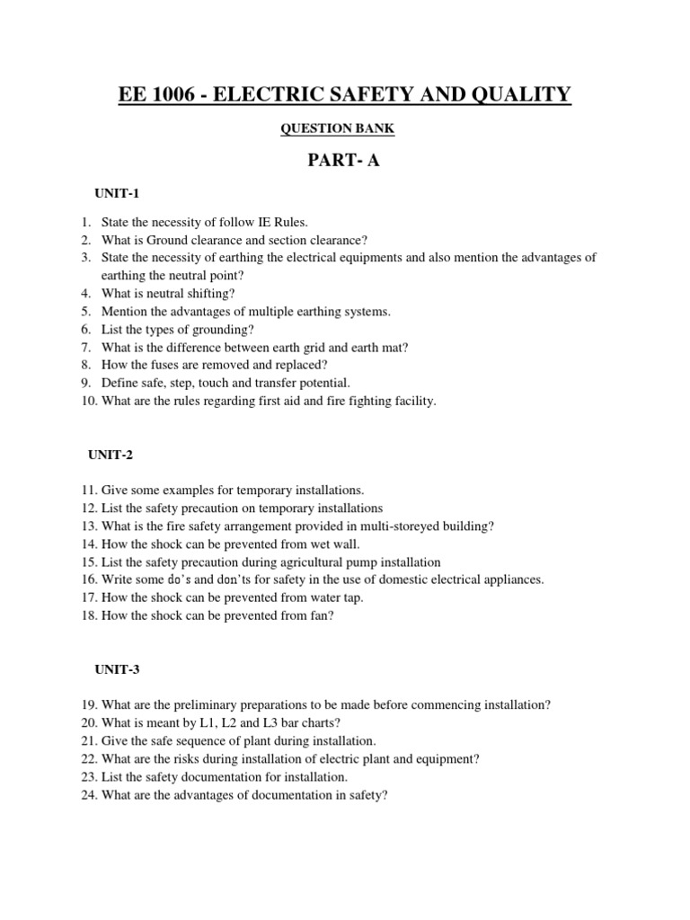Question Bank-Ee 1006 - Electric Safety and Quality | PDF | Safety ...