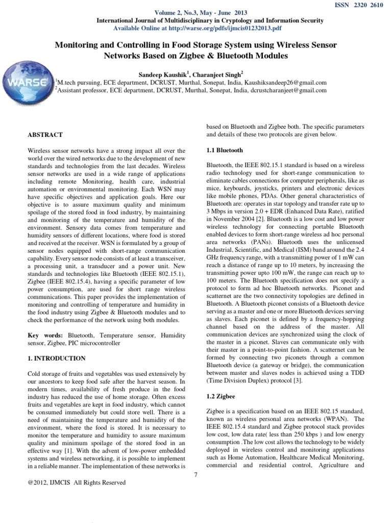 Monitoring And Controlling In Food Storage System Using Wireless Sensor Networks Based On Zigbee