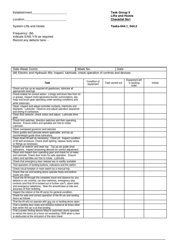 Lift Maintenance Inspection Checklist | PDF | Elevator | Machines