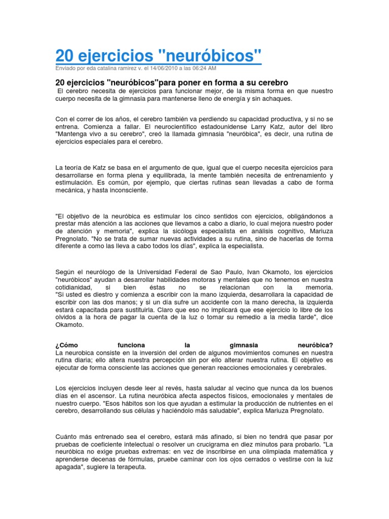20 Ejercicios Neuróbicos | Descargar gratis PDF | Cerebro | Memoria