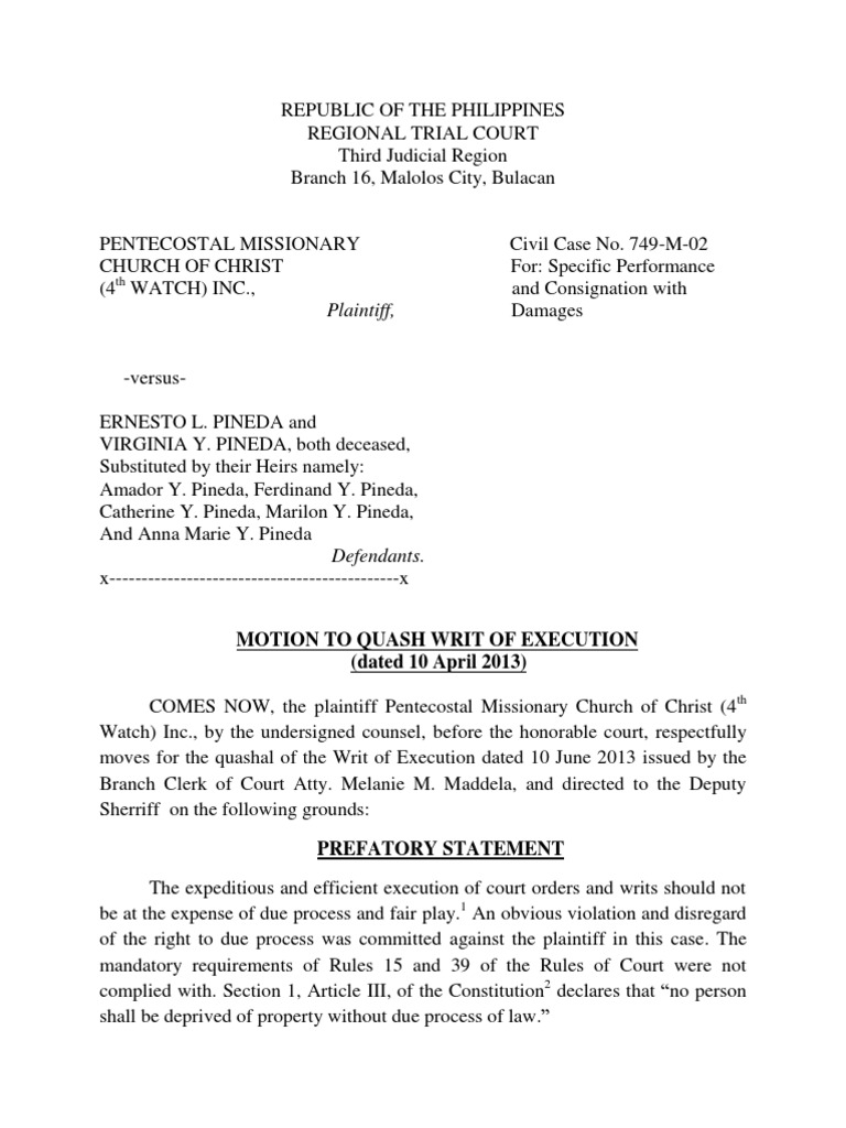 Motion to Quash Pentecostal | Writ | Sheriffs In The United States