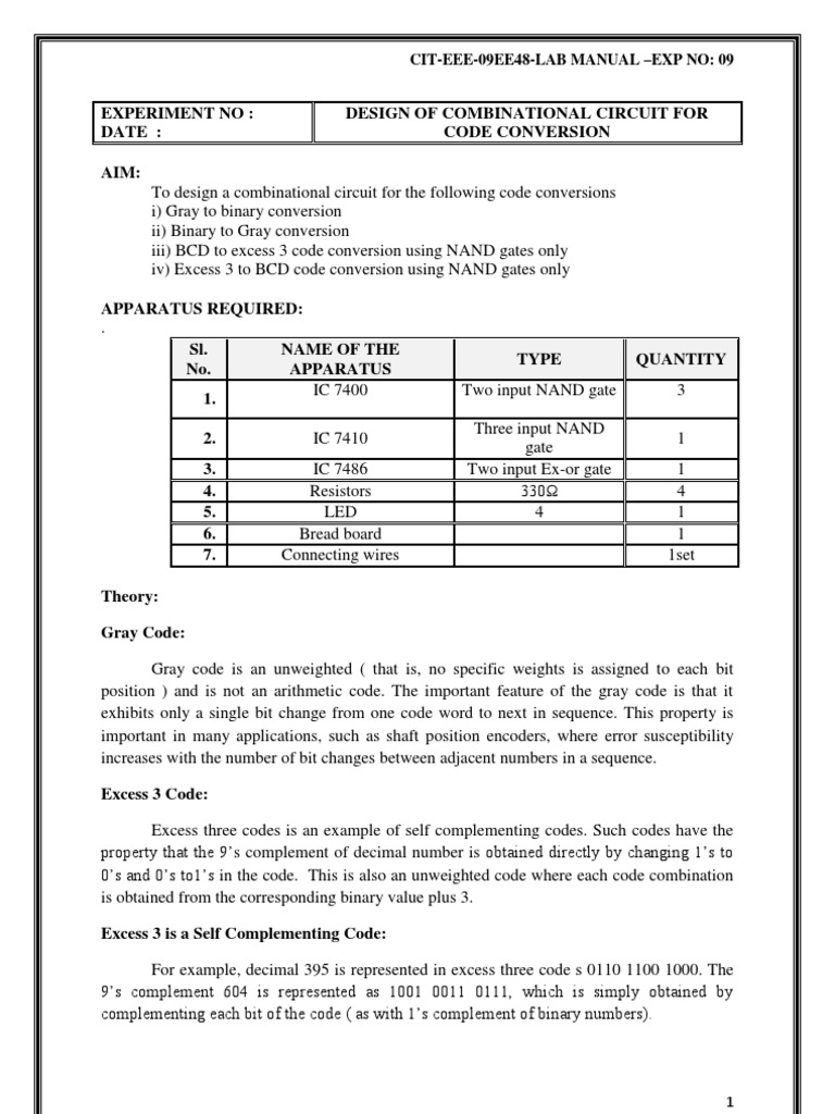Design of Combinational Circuit For Code Conversion | PDF | Binary ...