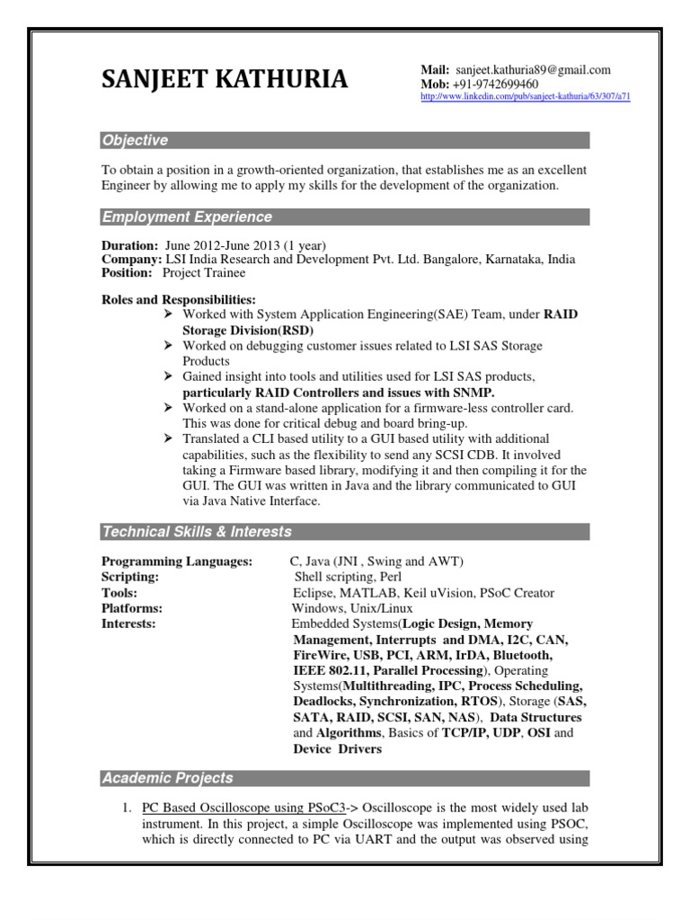 Resume Sample For A Postgraduate (Fresher) | PDF | Embedded System ...