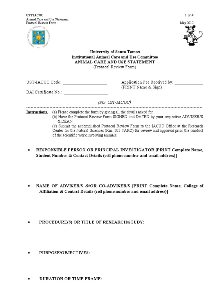 Animal Research Protocol Form 01 (1) - ISO Code | PDF | Wellness | Medical
