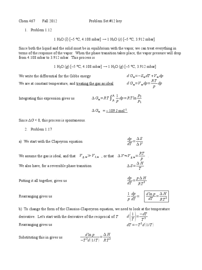 Problem Set 12 Key - Physical Chemistry For Engineers (Book Work) | PDF | Entropy | Gibbs Free ...