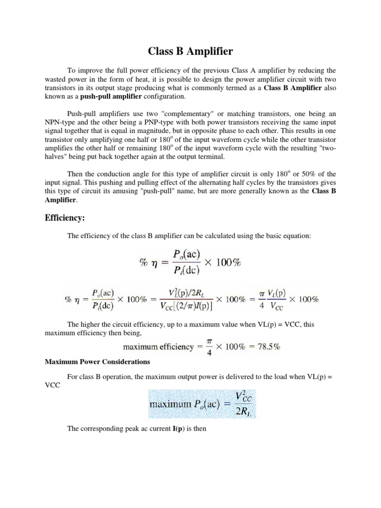 Class B Amplifier: Efficiency | PDF | Amplifier | Transistor