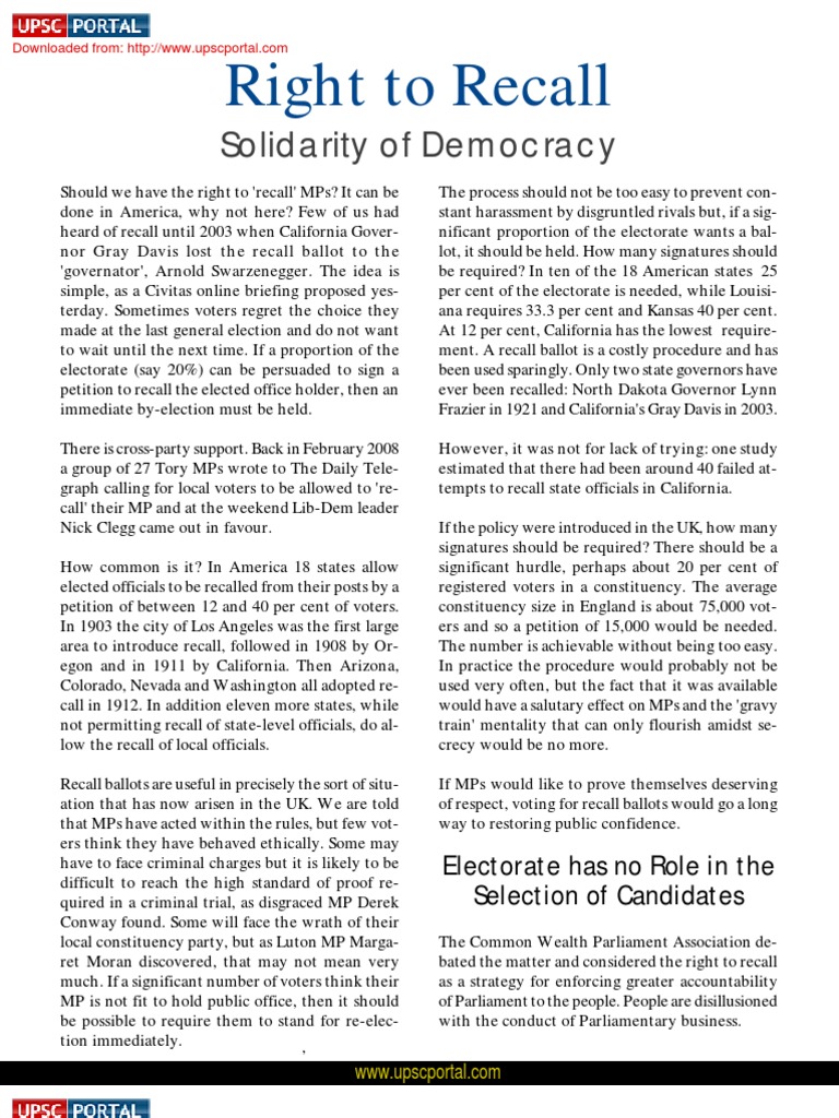 Right To Recall Solidarity of Democracy | PDF | Initiative | Voting