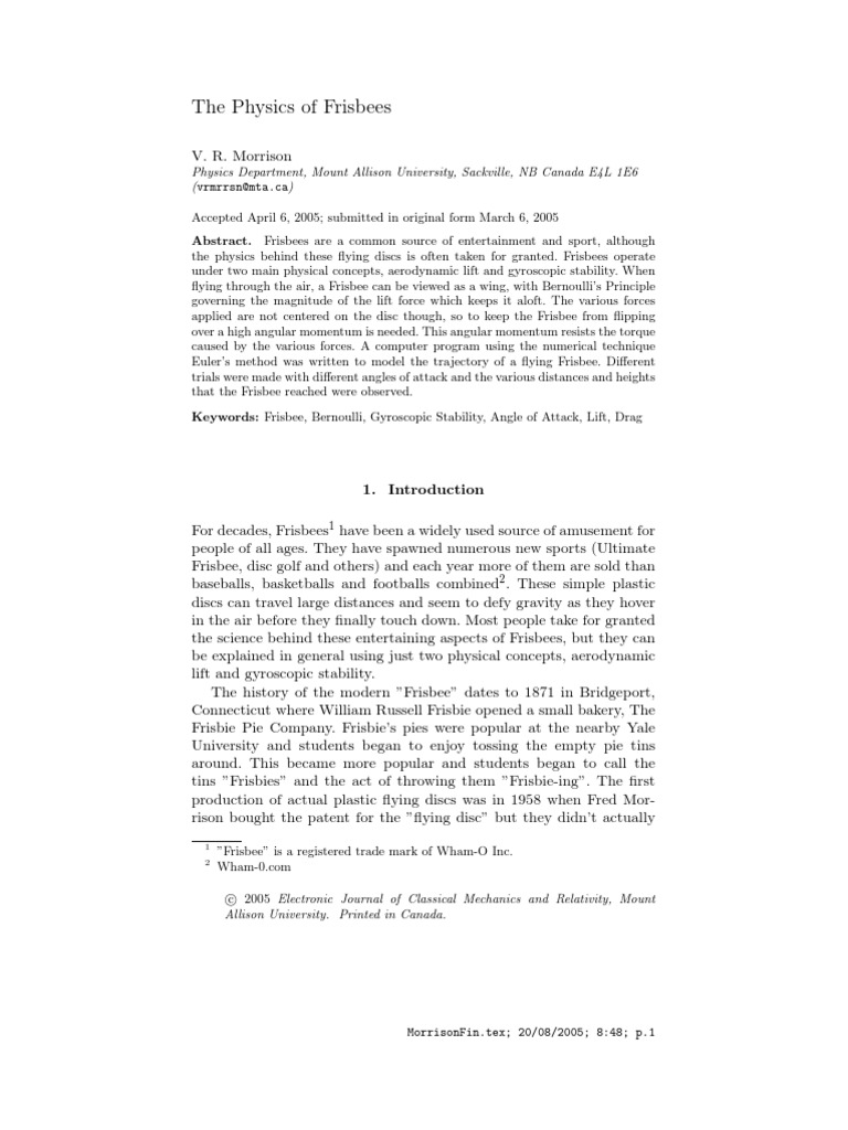 Physics and Flight of Frisbees | PDF | Lift (Force) | Torque