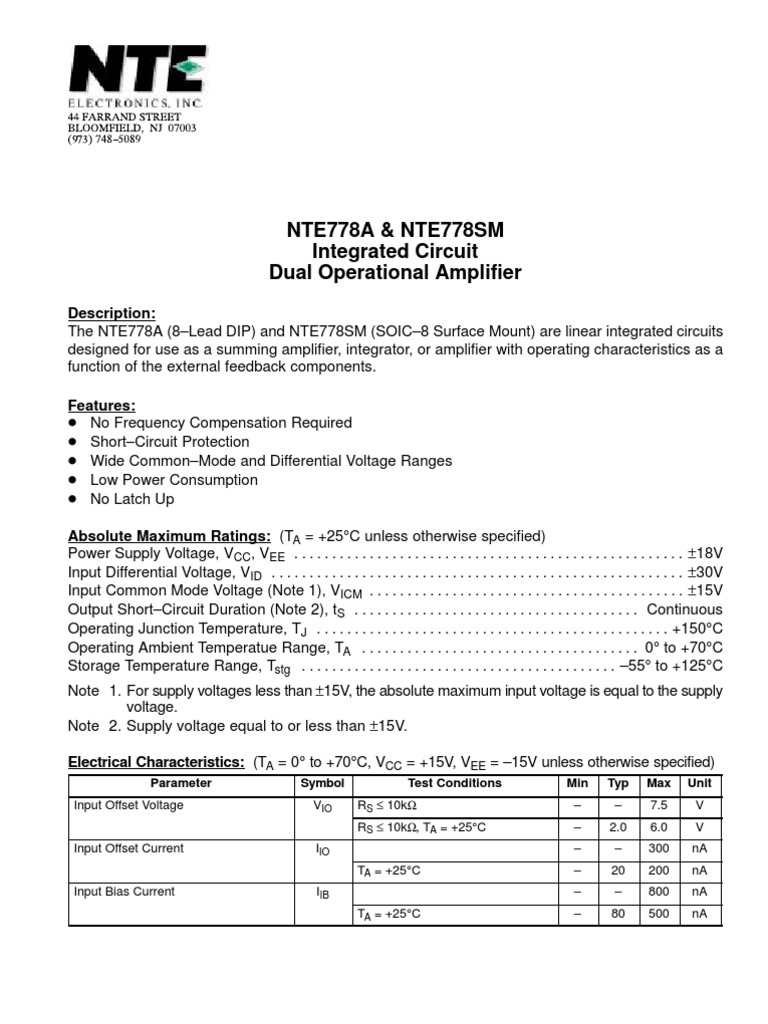 NE5532 - Nte778a | PDF | Amplifier | Analog Circuits