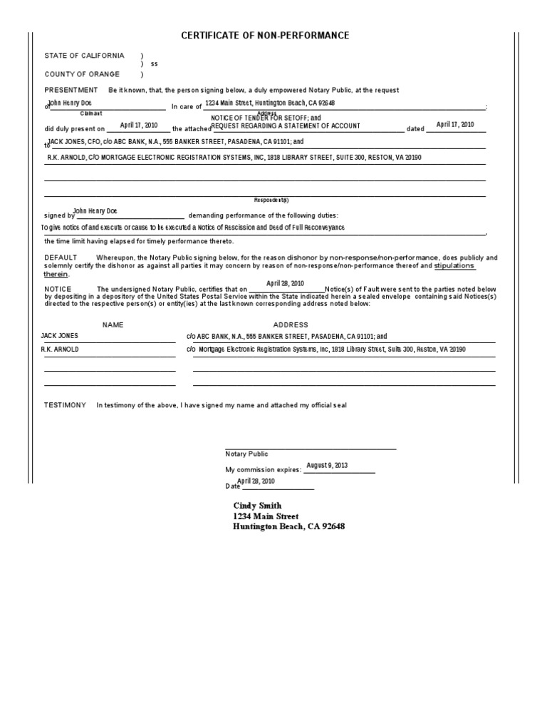 Certificate Of Non-Performance: Claimant Address