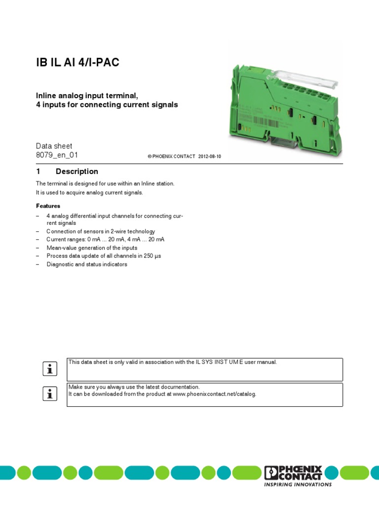 Ib Il Ai 4/I-Pac: Inline Analog Input Terminal, 4 Inputs For Connecting ...