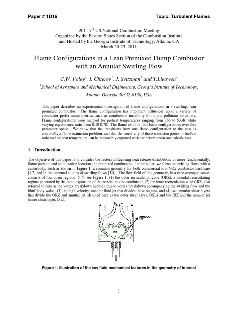 Flame Configurations in A Lean Premixed Dump Combustor With An Annular Swirling Flow | PDF ...