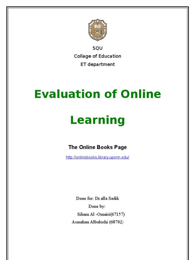 Evaluation of Online Learning: SQU Collage of Education ET Department ...