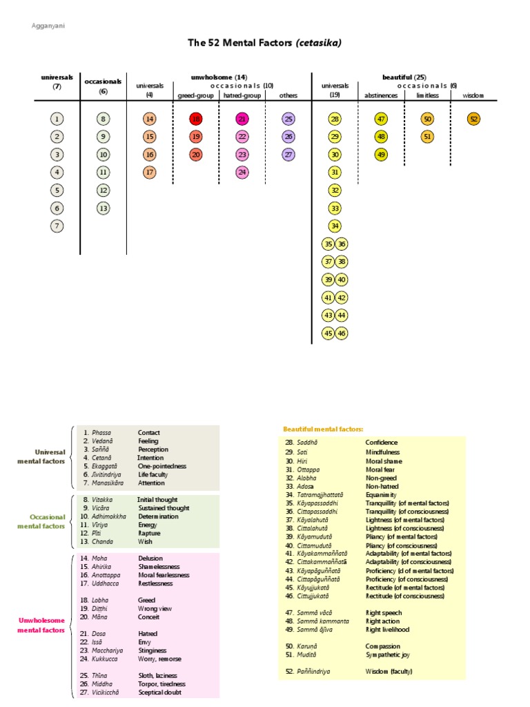 abhidhamma Chart Cetasika mental factors | Buddhist Philosophy | Buddhist Philosophical Concepts