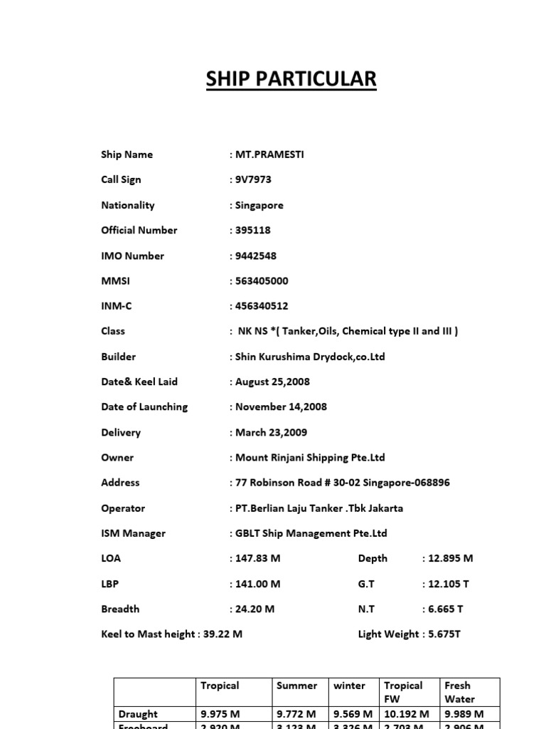 Ship Particular MT Pramesti | PDF
