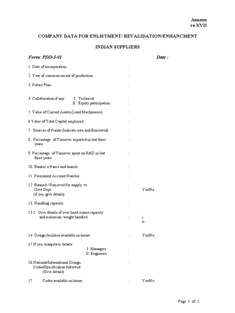 Form: PDD-I-01 Date:: Annexu re-XVII Company Data For Enlistment ...