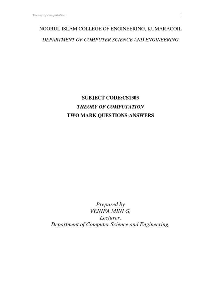 CS1303 Theory of Computation | PDF | Regular Expression | Automata Theory