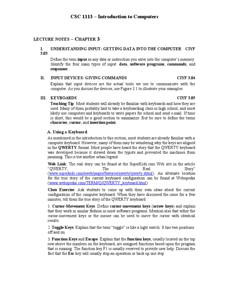 Lecture Notes CH 3 | PDF | Computer Keyboard | Computer Monitor