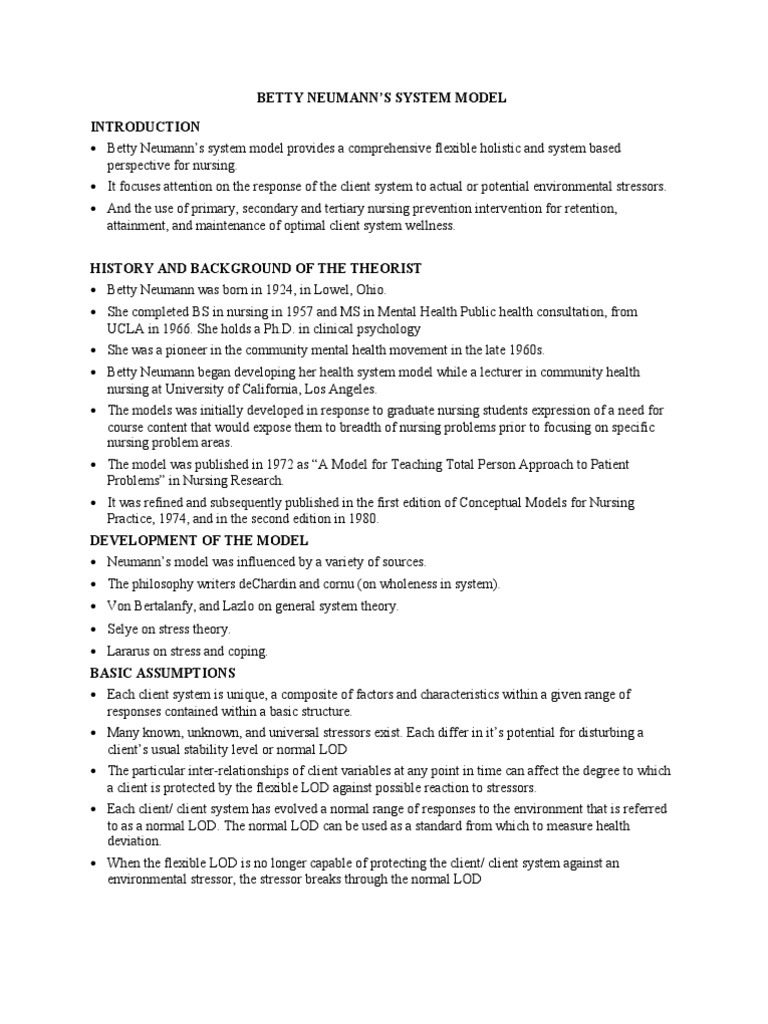 Betty Neuman's Systems Model Overview | PDF | Nursing | Stress (Biology)