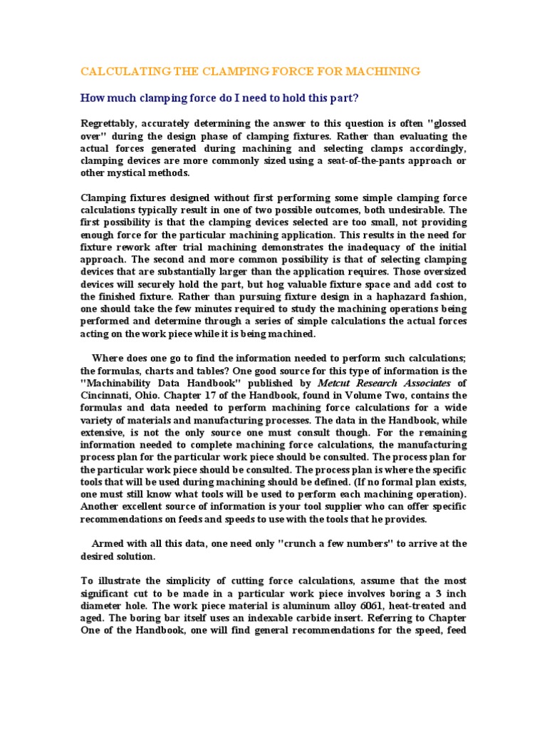 Calculating The Clamping Force For Machining | PDF | Industries ...